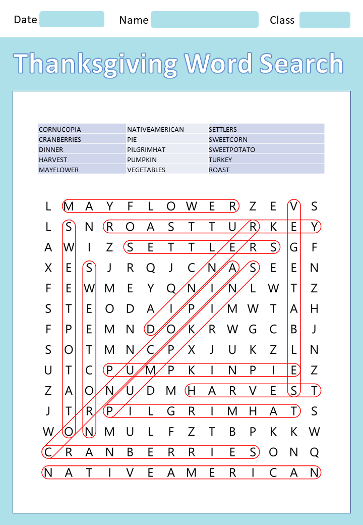 Word Search Worksheet on Thanksgiving Day - Your Home Teacher