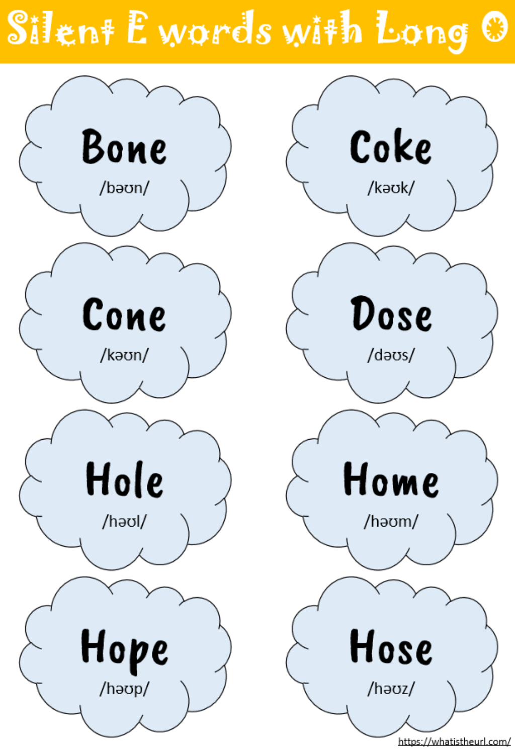Chart & Worksheet on Silent "E" Words with Long "O" - Your Home Teacher