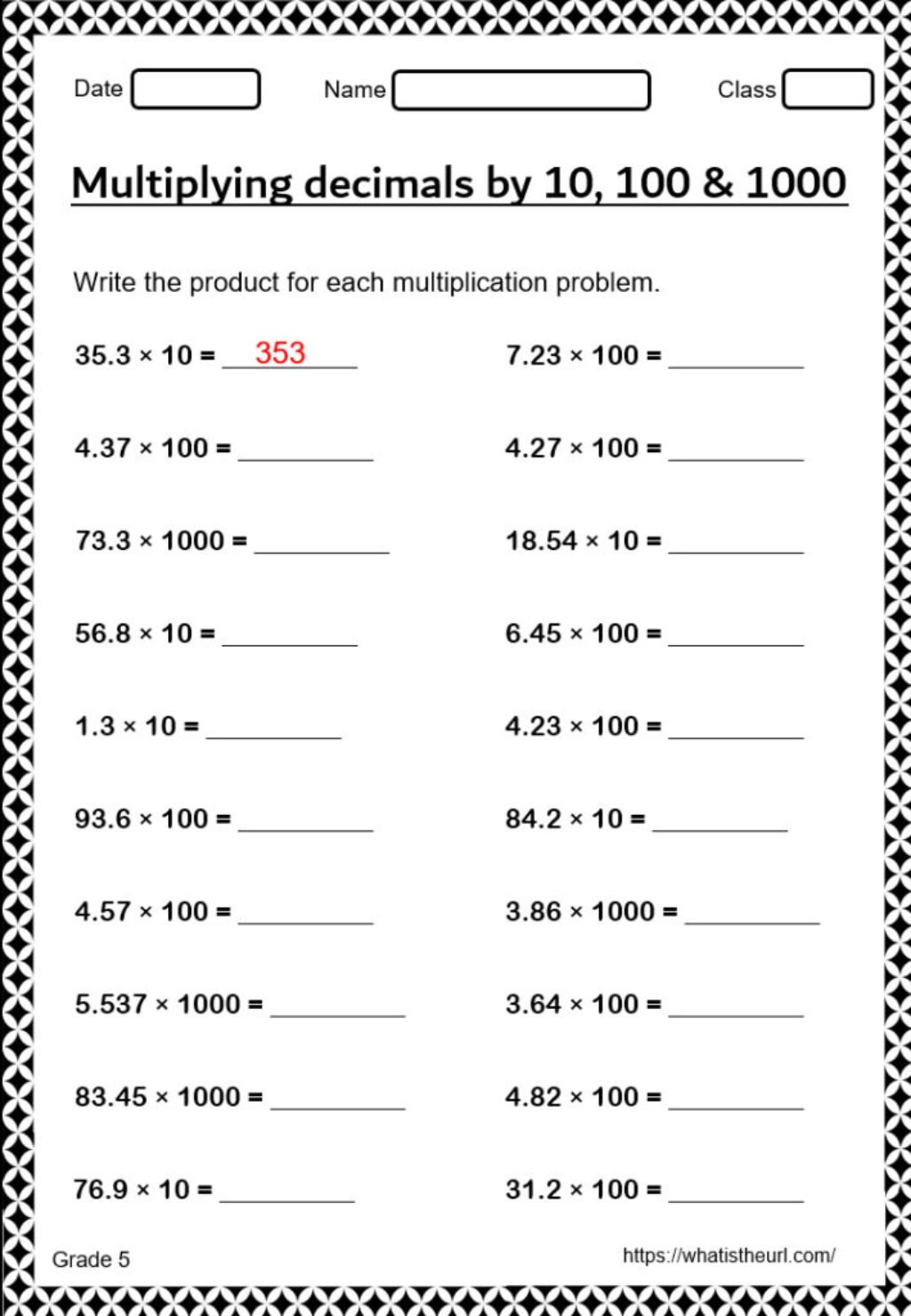 Decimal Multiplication Worksheet For grade 5 - Your Home Teacher