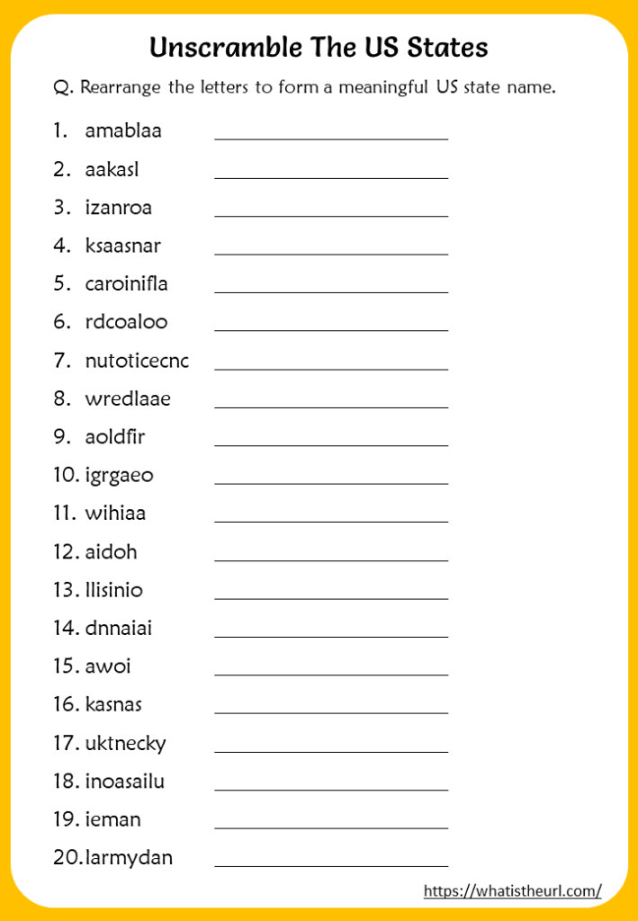 US States Word Scramble Worksheets - Your Home Teacher