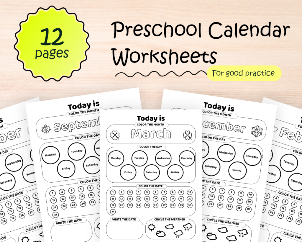 Preschool Calendar Worksheets with 12 Pages of Activity - Your Home Teacher