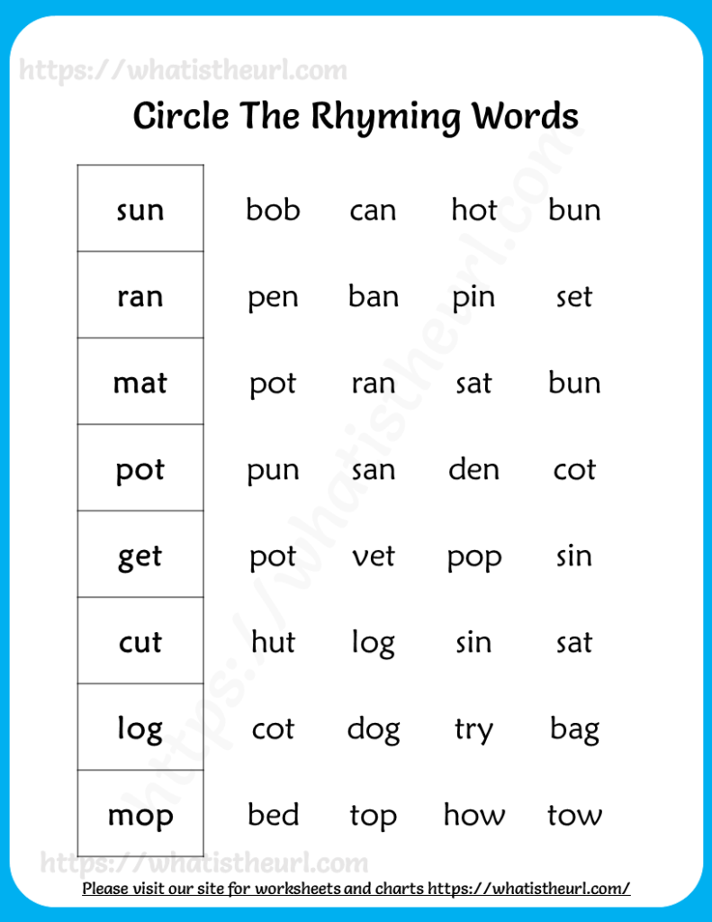 Circle the Rhyming Words Worksheet for Grade 1 and KG - Your Home Teacher