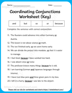 Conjunctions worksheet for Grade 5 - Includes Key - Your Home Teacher