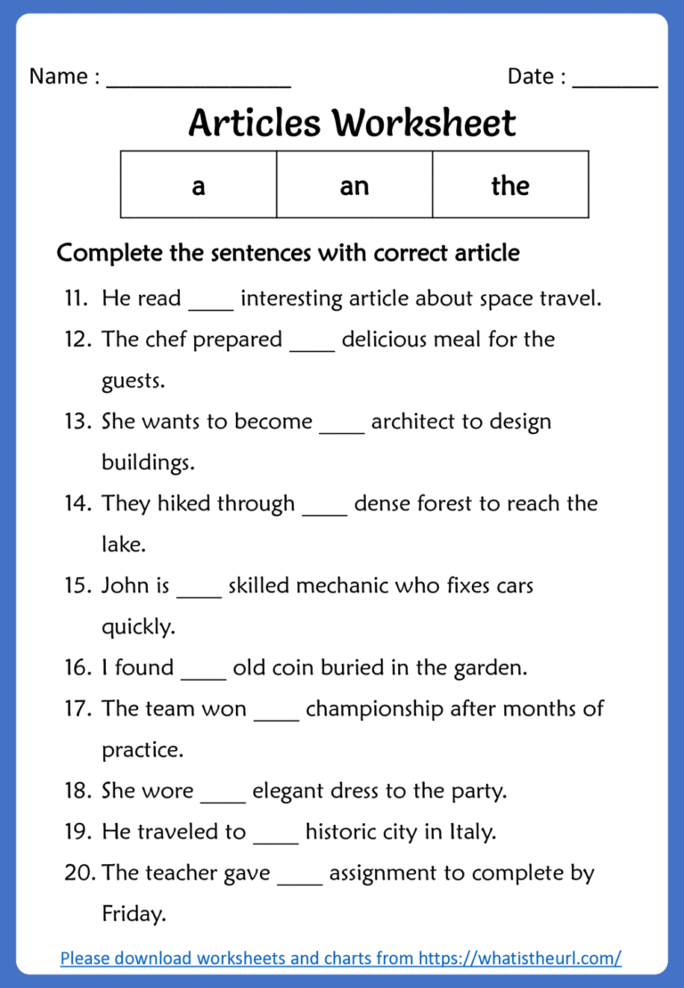 Articles (a an and the) Worksheet for grade 3 - Your Home Teacher