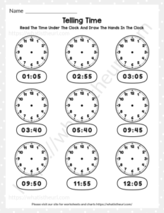 The BIGGEST Telling time Worksheets, 5-minute intervals (Draw the clock ...