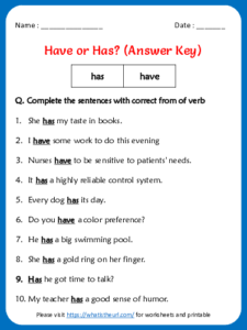 Has Have Worksheets with Answers - Exercise 10 - Your Home Teacher
