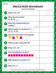 Mental Math Worksheet for Grade 1 – Exercise 12 - Your Home Teacher
