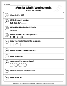Mental Math Worksheet for Grade 1 – Exercise 11 - Your Home Teacher