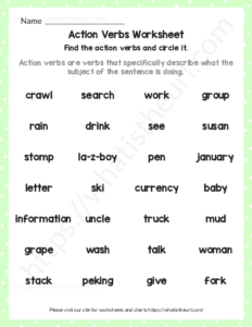 Action Verbs Worksheet, Find and Circle -Exercise 6 - Your Home Teacher