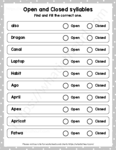 Free open and closed syllables worksheets - Exercise 1 - Your Home Teacher