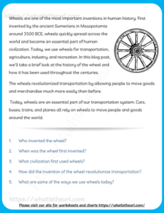 Travelling, Cavemen, Wheels and Music - Reading Comprehension - Grade 3 ...