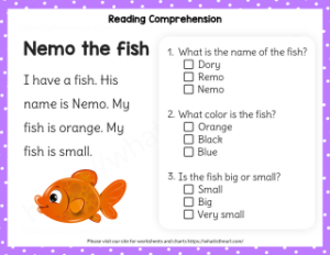Luna the cat, Nemo the fish, Rabbit and bird - Reading comprehension ...