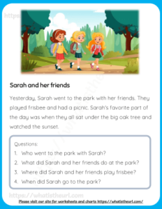 Sarah and her friends - Reading Comprehension with Who, Where, What and ...
